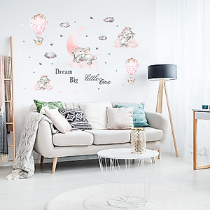 Large Pink Baby Elephant Wall Decal, MYKASEN Cute Five Elephant Dream Big Little One Wall Stickers Pink Moon Grey Stars Cloud, Removable Nursery Wall Decor for Baby Kids Boy Girl Bedroom Cradle