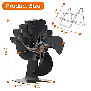 Wood Stove Fan, 4 Blade Heat Powered Fireplace Fan with Magnetic Thermometer，Stove Eco Fans for Wood Log Burner, Stove Heater Fans with Bracket Fixed on Wood Stove Accessories for Home Camping