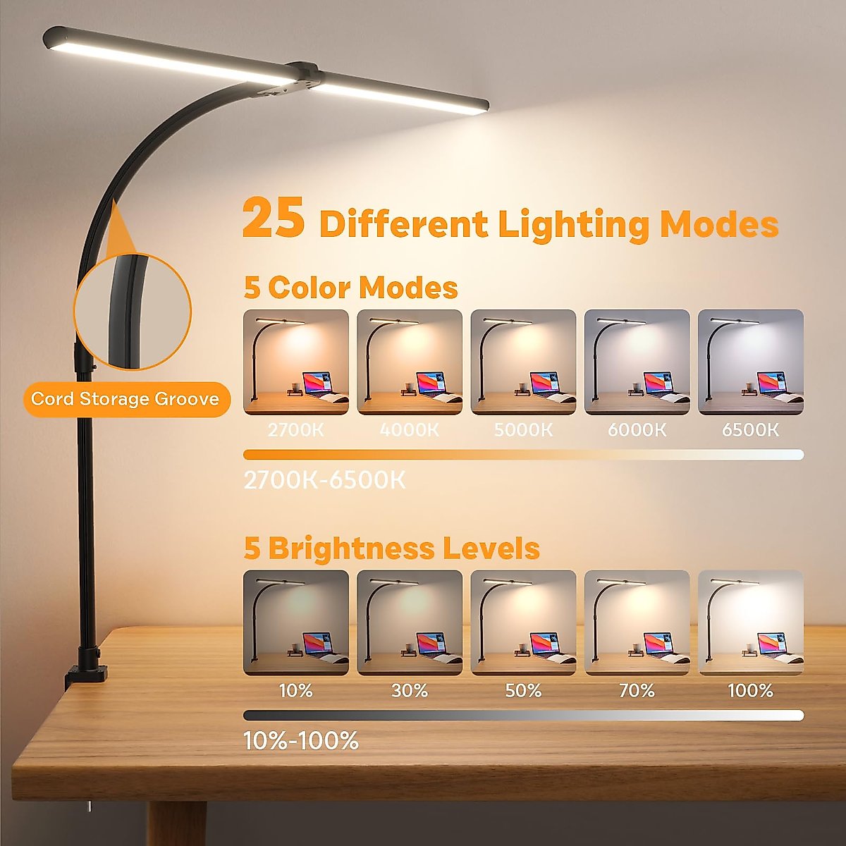 APMIEK LED Desk Lamp for Home Office, 24W Remote Control Computer Desk Light Bright Desktop Lamp Multi Lighting Modes Dimmable Clamp Desk Lighting for Work with Adjustable Gooseneck, Double Head,Black
