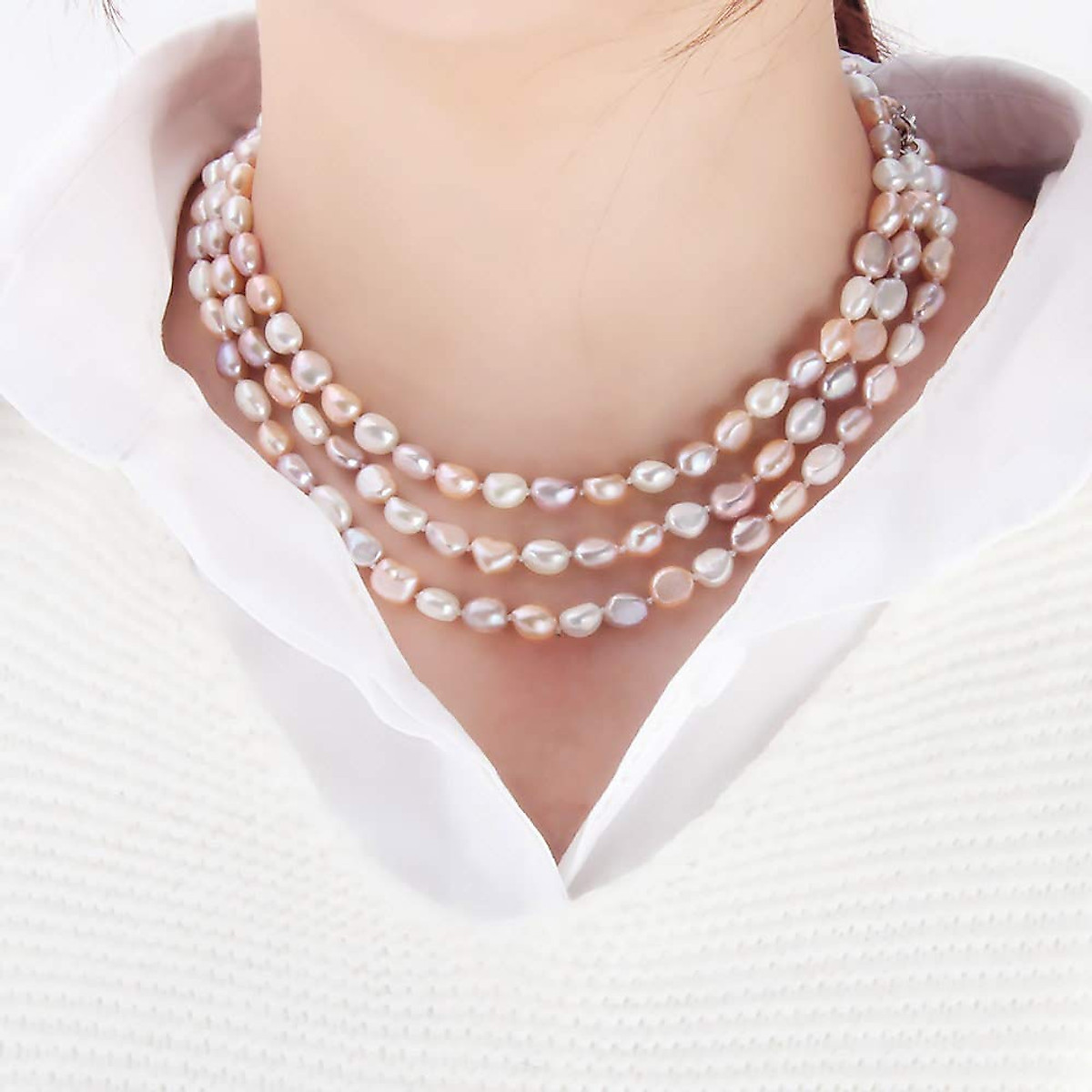 LGSY 925 Sterling Silver Multicolor Pearl Freshwater Cultured Pearl Necklace for Women's Pearl Strand Necklaces