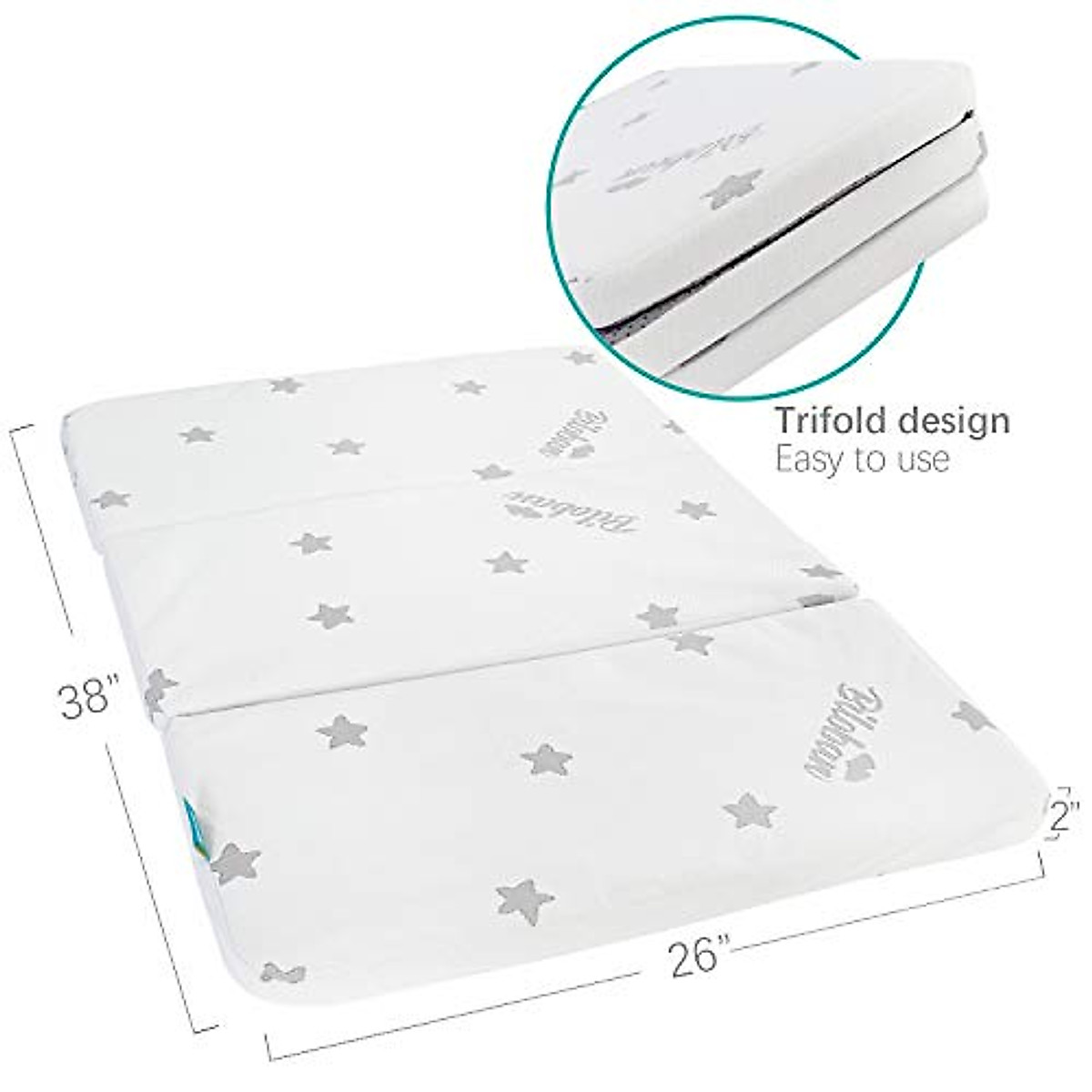 Trifold Pack and Play Mattress Topper 38" x 26", Waterproof Breathable Soft Portable Foldable Playard Mattress Pad, Baby Portable Foam Playpen Mattresses with Removable Zippered Cover White