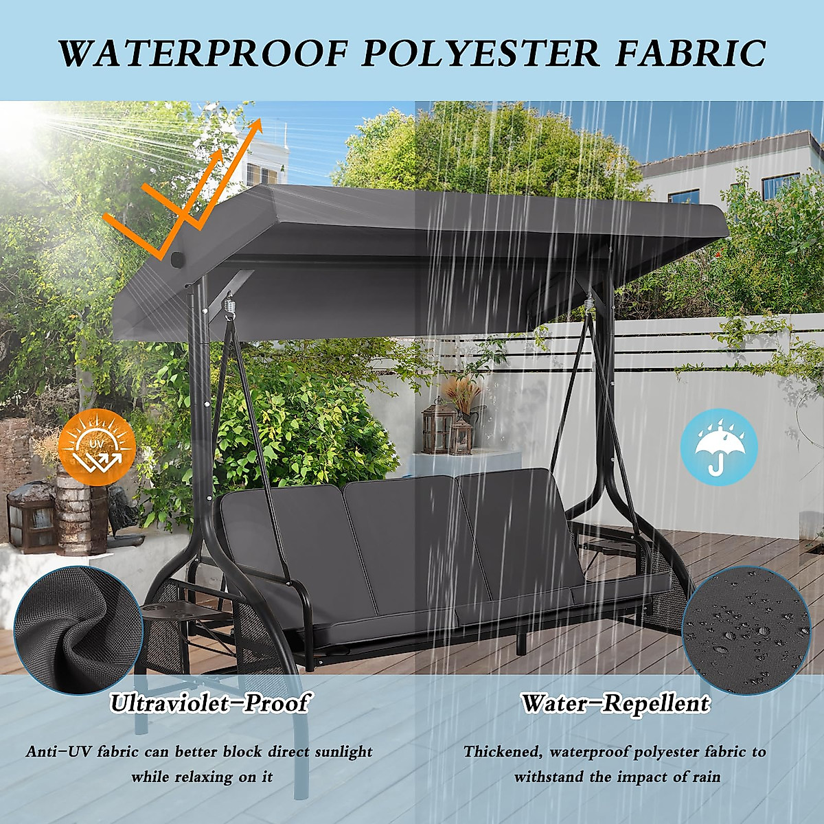 GIODIR 3-Seat Outdoor Porch Swing with Adjustable Canopy and Backrest, Porch Swing Chair with Stand, Patio Swing for Garden, Backyard, Balcony, Poolside (Gray)