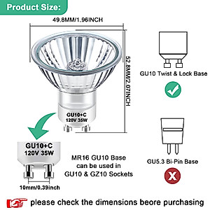 TAIYALOO GU10 Halogen 35W Bulbs, Dimmable MR16 GU10+C 120V 35W for Track, Recessed, Candle Warmer, Range Hood Light Bulbs, 2700K Warm White, Pack of 4