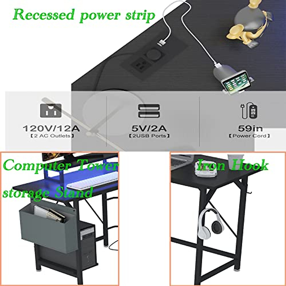 SZXKT Gaming Desk with Monitor Stand and Power Outlets,l Shaped Desk with Storage and LED Lights,Home Office Reversible Corner Computer Desk with Hooks (Black)