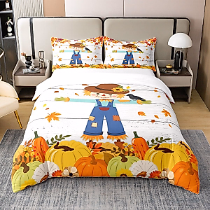 100% Nature Cotton Watercolor Thanksgiving Pumpkins Duvet Cover Queen,Vintage Rustic Farmhouse Scarecrow Fall Leaves Super Soft Bedding Set,Vintage Wooden Stripes Comforter Cover Bedding 3 Piece