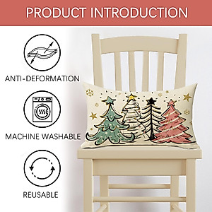 Fjfz Christmas Tree Lumbar Decorative Throw Pillow Cover 12 x 20, Rectangular Pink Green Xmas Polka Dot Stripe Snowflake Outdoor Home Decor, Golden Stars Winter Holiday Seasonal Farmhouse Cushion Case