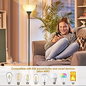Coucrek Floor Lamp, LED Standing Lamps with White Plastic Shade, Black Modern Torchiere Floor Lamp, Tall Lamps for Living Room Dorm Bedroom Office, Rotary Switch, E26 Base, Bulb not Included