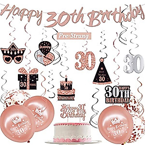 WOJOGO 30th Birthday Decorations for Women, Rose Gold 30 Birthday Decorations for Her Him, Including Happy 30th Birthday Banner Hanging Swirls Birthday Cake Topper Balloons for Party Supplies