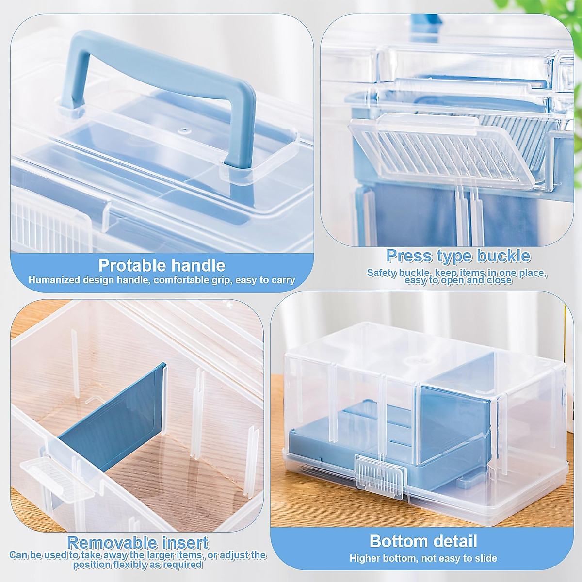 Leinuosen 2 Pcs 2 Layer Clear Plastic Dividing Storage Box with Removable Tray Multipurpose Stationery Storage Box with Handle Portable Sewing Box Transparent Case for Home, 11.42x6.3x5.71 In(Blue)