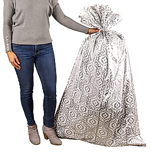Hallmark 56" Jumbo XL Plastic Gift Bag (Silver Damask) for Engagement Parties, Bridal Showers, Weddings, Valentines Day, Holidays or Any Occasion
