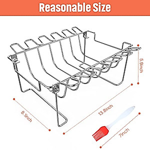 3 in 1 Extra Large Rectangle Rib Rack&Chicken Leg Rack with Brush, Stainlesss Steel Roasting Rack with 2 Handle for Smoker, Oven and Grill, Holds Up to 5 Ribs, Easy to Use&Clean