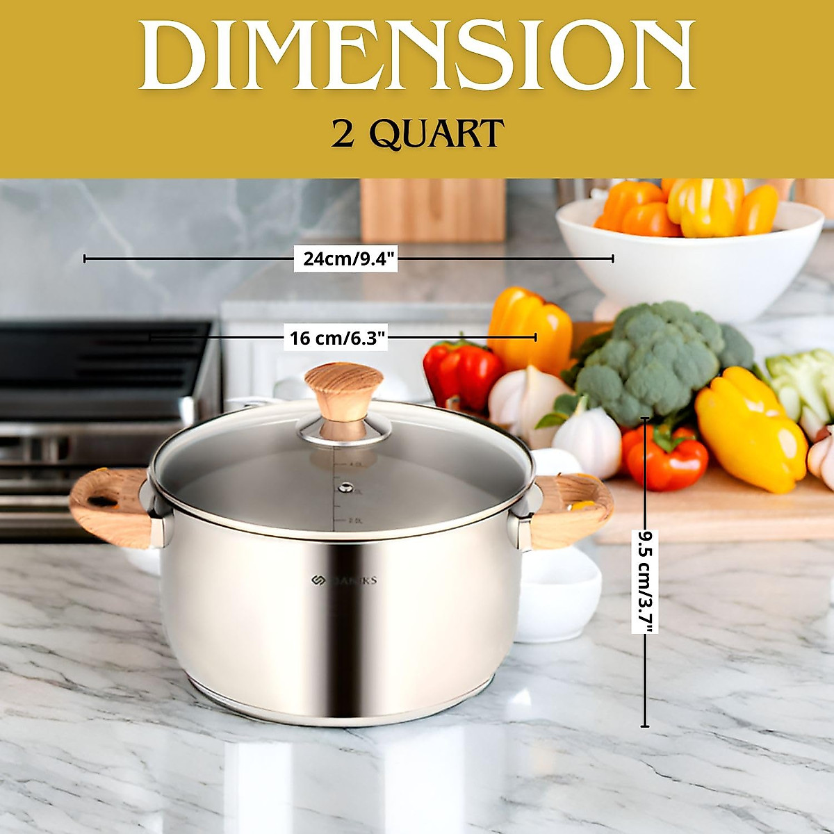 Daniks Oslo Stainless Steel Stock Pot with Glass Lid | Induction 2 Quart | Dishwasher Safe Pot | Heatproof Handles | Soup Pasta Stew Pot | Silver