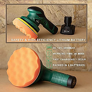 BATOCA - Cordless Car Buffer Polisher - with 2pcs 12V Lithium Rechargeable Battery Cordless Polisher with 6 Variable Speed, 2.0Ah Cordless Buffer Polisher for Car Detailing