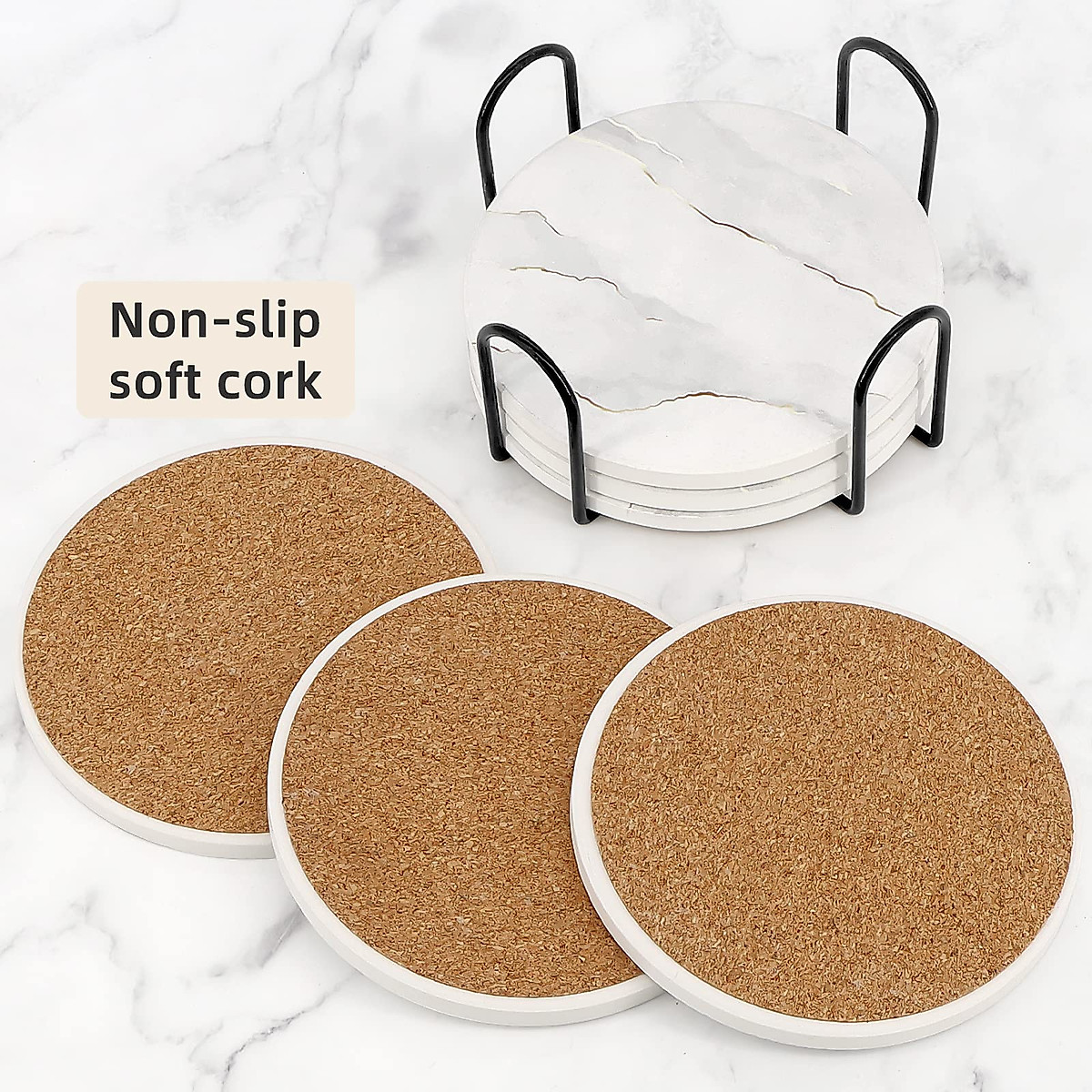 BUYAOBL Absorbent Coasters with Holder, Absorbent Coasters Set 6 Pcs, White Marble Ceramic Agate Drink Coaster Cork Base Cup Coaster for Coffee Table, Housewarming Gift for Women, 4 Inches