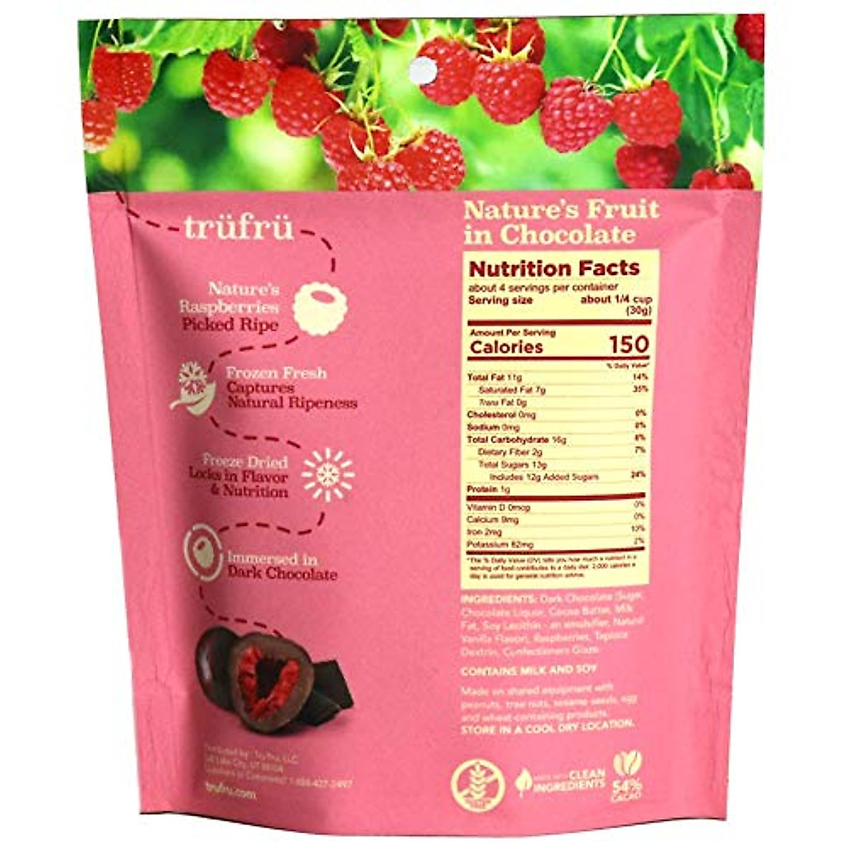 Tru Fru Nature's Raspberries Hyper-Dried Fresh in Dark Chocolate, 4.2 Ounce Bag