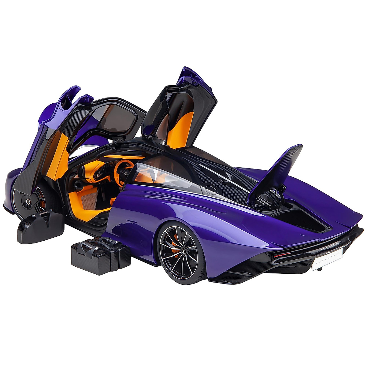 McLaren Speedtail Lantana Purple Metallic with Black Top and Yellow Interior and Suitcase Accessories 1/18 Model Car by Autoart 76089
