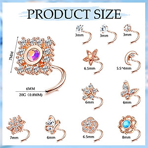 Ubjuliwa 12Pcs 20G Stainless Steel Nose Rings Stud for Women Screw L Shaped Nose Studs Cubic Zirconia Moon Star Snowflake Flower Butterfly Nose Piercing Stud