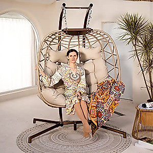 BULEXYARD Outdoor Double Swing Egg Chair with Stand for Bedroom, Indoor 2 Person Hanging Chair Foldable Twins Patio Chair, Large Hand-Woven Wicker Garden Loveseat Hammock Chair w/Cream Thick Cushion