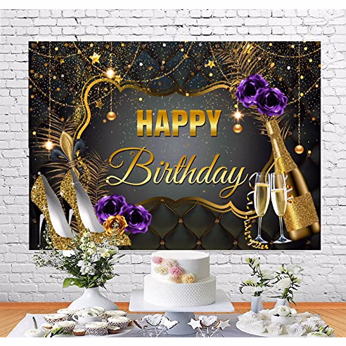 InMemory Black and Gold Happy Birthday Backdrop Banner for Women Sequin High Heel Champagne Purple Bday Photography Background for Adult Queen Birthday Party Decor Supplies Photo Booth Backdrops 5x3ft