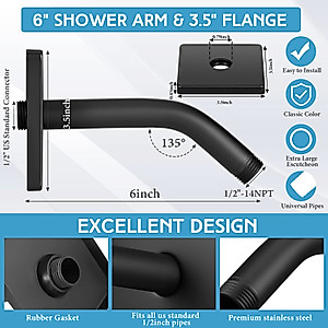 Lounsweer 3.5 Inch Shower Arm and Flange Wall Mount Replacement Shower Head Extension Extender Pipe Arm with 6 Inches Shower Head for Fixed Shower Head (Black)