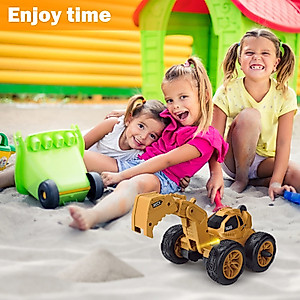 Dawdix Remote Control Excavator Toy Truck, Rotate 360 degrees Excavator Construction Vehicles with LED Light, 2 Rechargeable Batteries, Ideal Gift for Kids