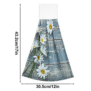 Summer Daisy Flowers Kitchen Hand Towels Vintage Wooden Board Hanging Dish Towels with Loop 2PCS, Soft Super Absorbent Fingertip Towel Dishcloths for Bathroom Washroom Guestroom Hotel 12x17 In