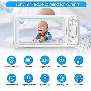 Yonvim Baby Monitor 1080P 5" HD, Video Baby Monitor with Camera and Audio, 5000mAh Battery, 2 Mounts, No WiFi Needed, Night Vision, Long Range, 2-Way Talk, Remote Pan Tilt, Temperature Sense, 4X Zoom