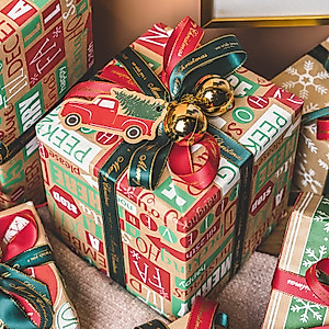 RUSPEPA Christmas Wrapping Paper, Kraft Paper - Snowflakes, Red and Green Stripe and Christmas Greetings - 4 Rolls - 30 inches x 10 feet per Roll