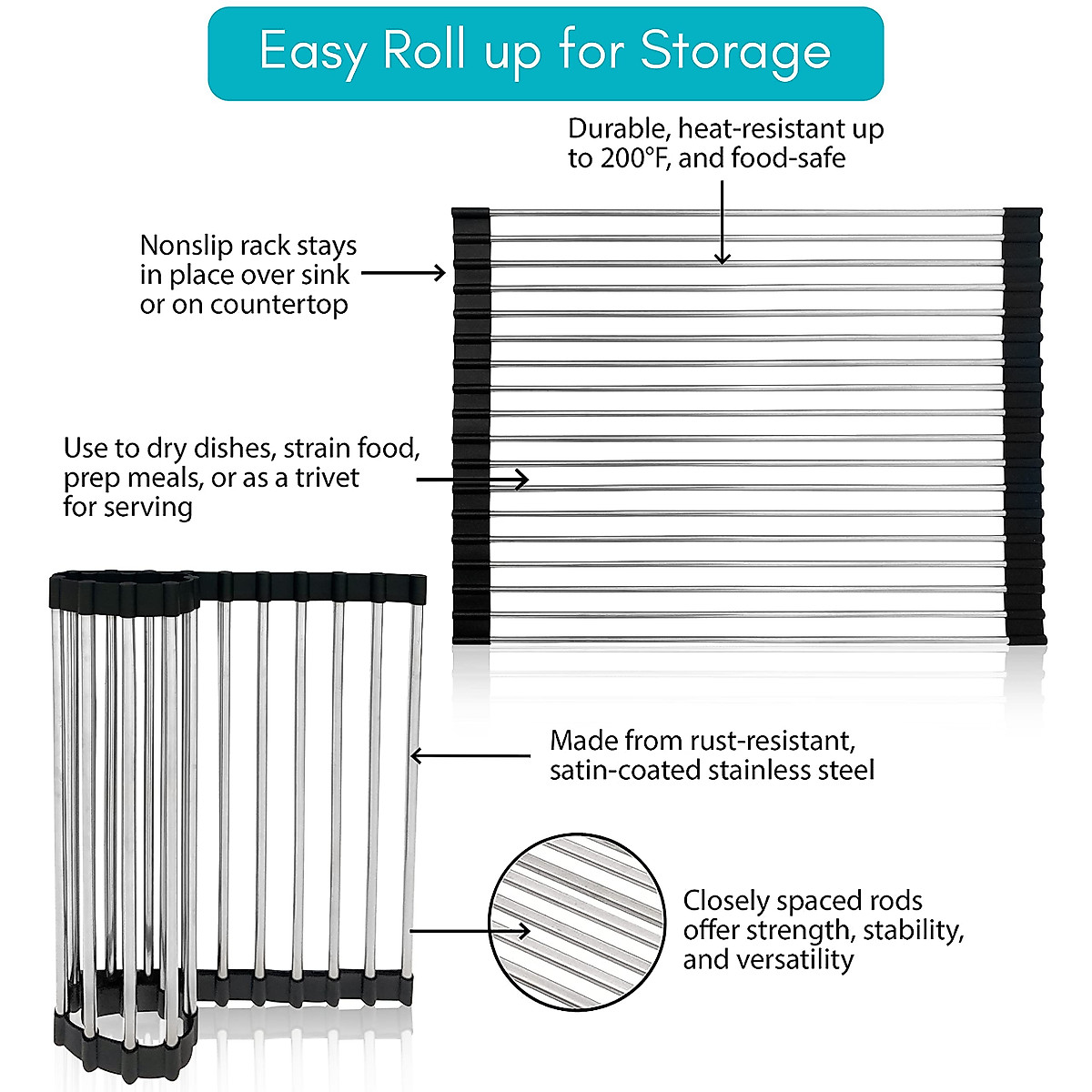 MK3 roll up Dish Drying Rack for Kitchen Counter , with Sponge Holder for Kitchen Sink Caddy Organizer Telescopic Storage Black