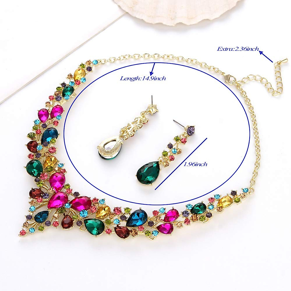 Molie Bridal Austrian Crystal Necklace and Earrings Jewelry Set Gifts fit with Wedding Dress(Multicolour)