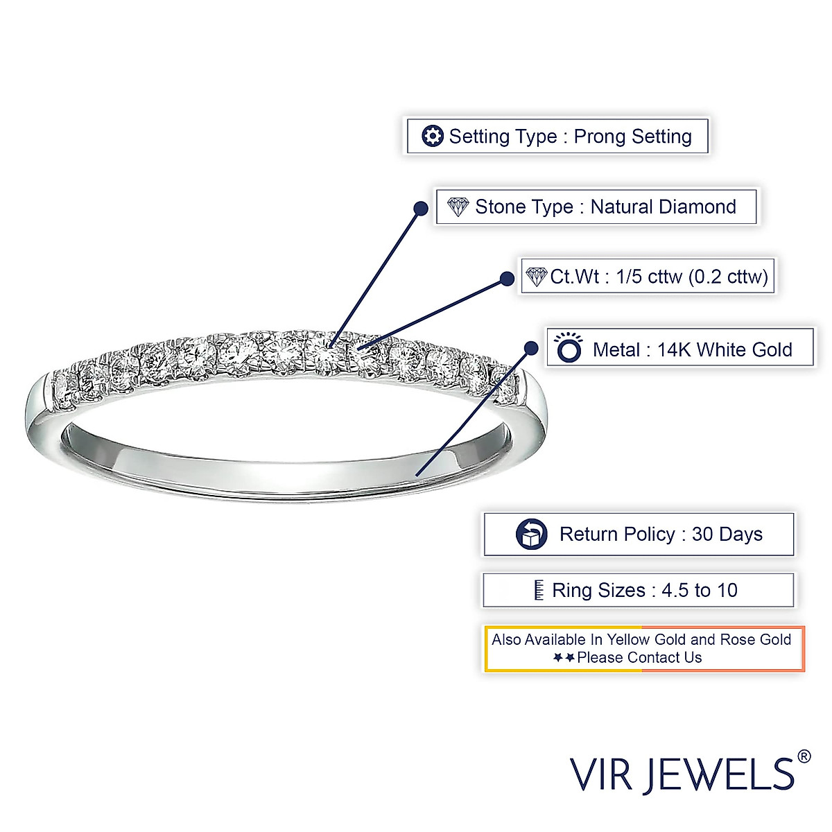 Vir Jewels 1/5 carat (ctw) Diamond Wedding Anniversary Band for Women, Half Eternity Round Diamond Engagement Ring 14K White Gold Prong Pave Set 0.20 cttw, Size 8