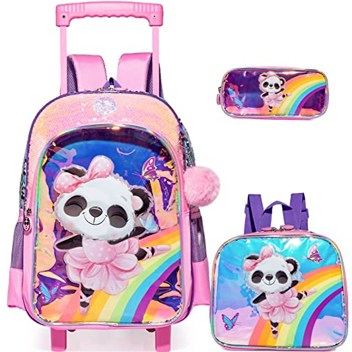 MYHSBYO Panda Rolling Backpack for Girls Kids School Wheels Backpack for Girls Sequin Backpack with Lunch Box Roller Backpack for Elementary School