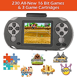 TaddToy 16 Bit Handheld Game for Kids Adults, 3.0'' Large Screen Preloaded 230 HD Classic Retro Video Games with USB Rechargeable Battery & 3 Game Cartridges for Birthday Gift for Kids 4-12 (Black)