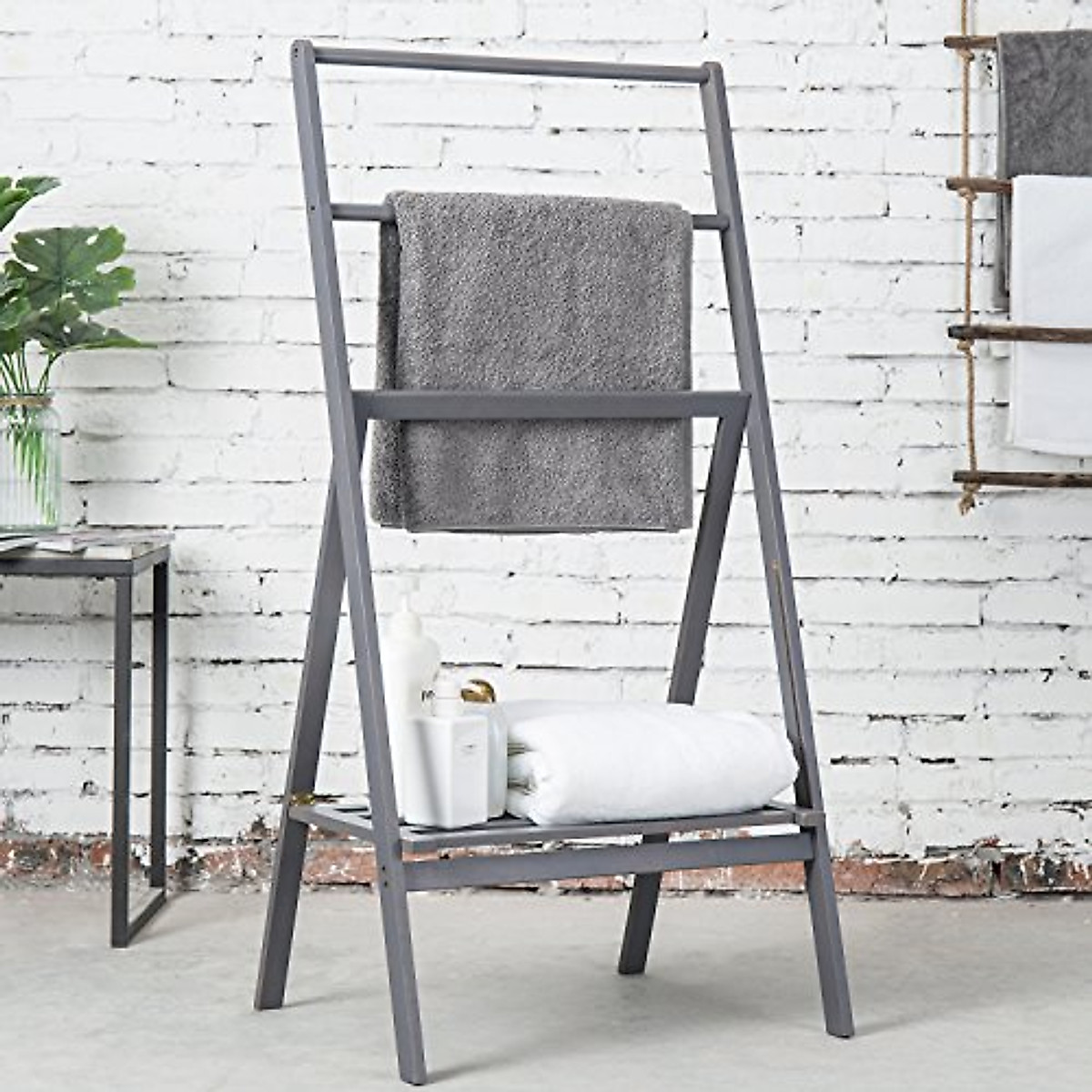 MyGift 43 Inch Rustic Dark Gray Solid Bamboo Freestanding Towel Rack, Bathroom Folding Towel Drying Stand with Bottom Storage Shelf