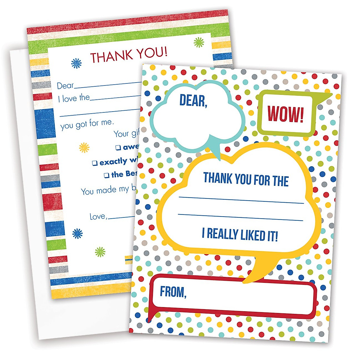 Dots and Stripes Kids Thank You Note Card Pack / 20 Fill In Childrens Colorful Thanks Cards With White Envelopes / 4 5/8" x 6 1/4" Kid Birthday Party Thank You