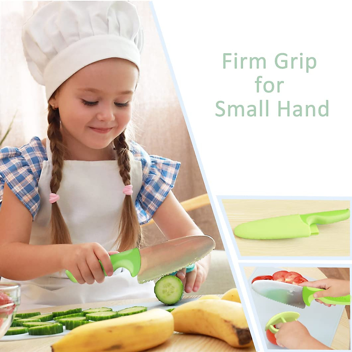 Kids Knife Set for Real Cooking, Friendly Safety Knife for Kids, Stainless Steel Child Chef Knife with Finger Protector, Round Tip Kids Knife for Cutting, Serrated Edges (green)