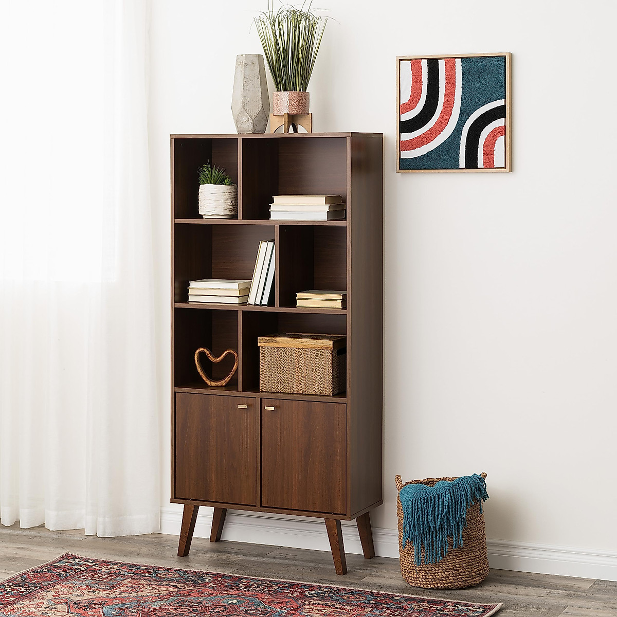 Prepac Milo Mid-Century Modern Bookcase with Six Shelves, Two Doors, and Brushed Brass-Finished Knobs
