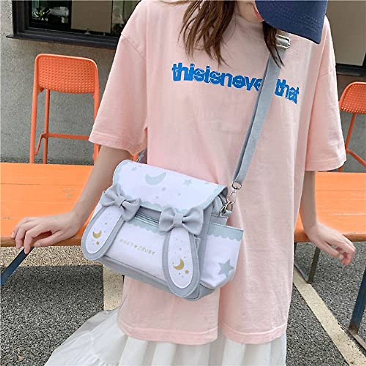 Aktudy Kawaii Japanese Anime Nylon Shoulder Bag, Students Moon Star Printed Sweet Bow Tie Ear Crossbody Handbags Satchel