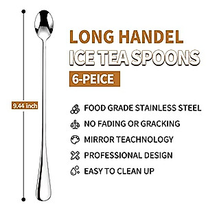 Bonasen 9.4-Inch Long Handle Spoon,Ice Tea Spoons,Stirring Spoons,Coffee Spoon, Stainless Steel Cocktail Spoon,Coffee Bar Accessories Set of 6