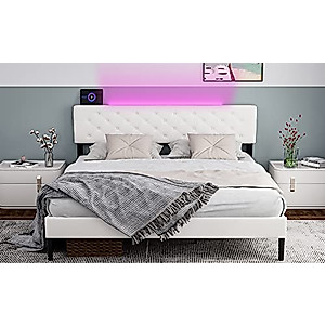 IKIFLY Modern Full Size LED Bed Frame with 2 USB Ports, Upholstered Button Tufted Faux Leather Platform Bed with Adjustable Headboard, Solid Wood Slats, No Box Spring Needed - White/Full