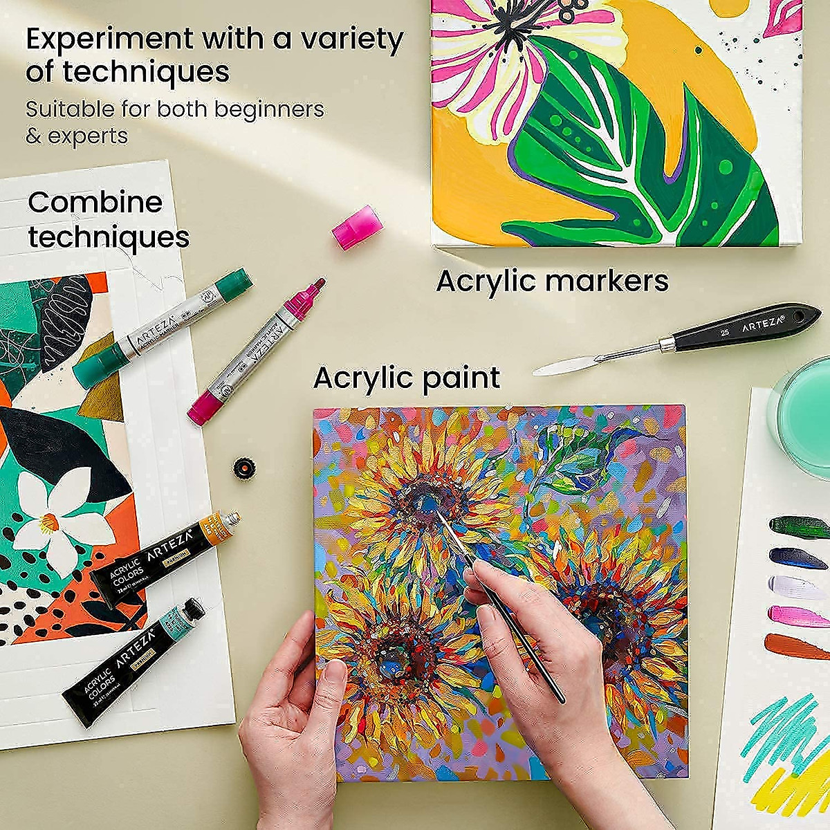 Arteza Acrylic Paper Canvas Pad 9.5x9.5 20 Sheets and Acrylic Paper Canvas Pad 8x11 20 Sheets Bundle, Painting Art Supplies for Artist, Hobby Painters & Beginners