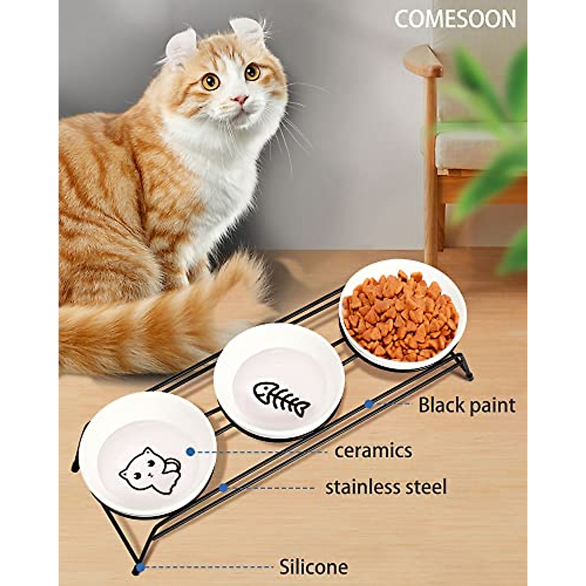 3 Cat Food Bowls Ceramic 13 oz Upgraded with Stainless Steel Stand Non-Slip and Anti-Rust Elevated Raised Cat Bowls for Food and Water, Pet Dishes Bowl for Indoor Cats and Puppy, Dishwasher Safe