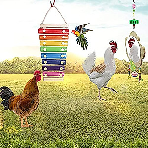 Viowey 2PCS Chicken Xylophone Toys, Chicken Mirror, Chicken Pecking Toy, Suspensible Wood Xylophone Toy with 8 Metal Keys for Hens Parrots