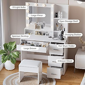 YESHOMY Vanity Desk with Mirror, Power Outlet and 10 Lights, Makeup Table with 4 Drawers, 3 Color Modes Available for Bedroom, White
