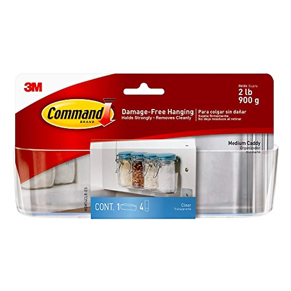 Command Medium Caddy, Clear, with 4 Clear Indoor Strips, Organize Damage-Free & Spray Bottle Hangers, 2 Pack, 2 Hangers, 4 Large Strips