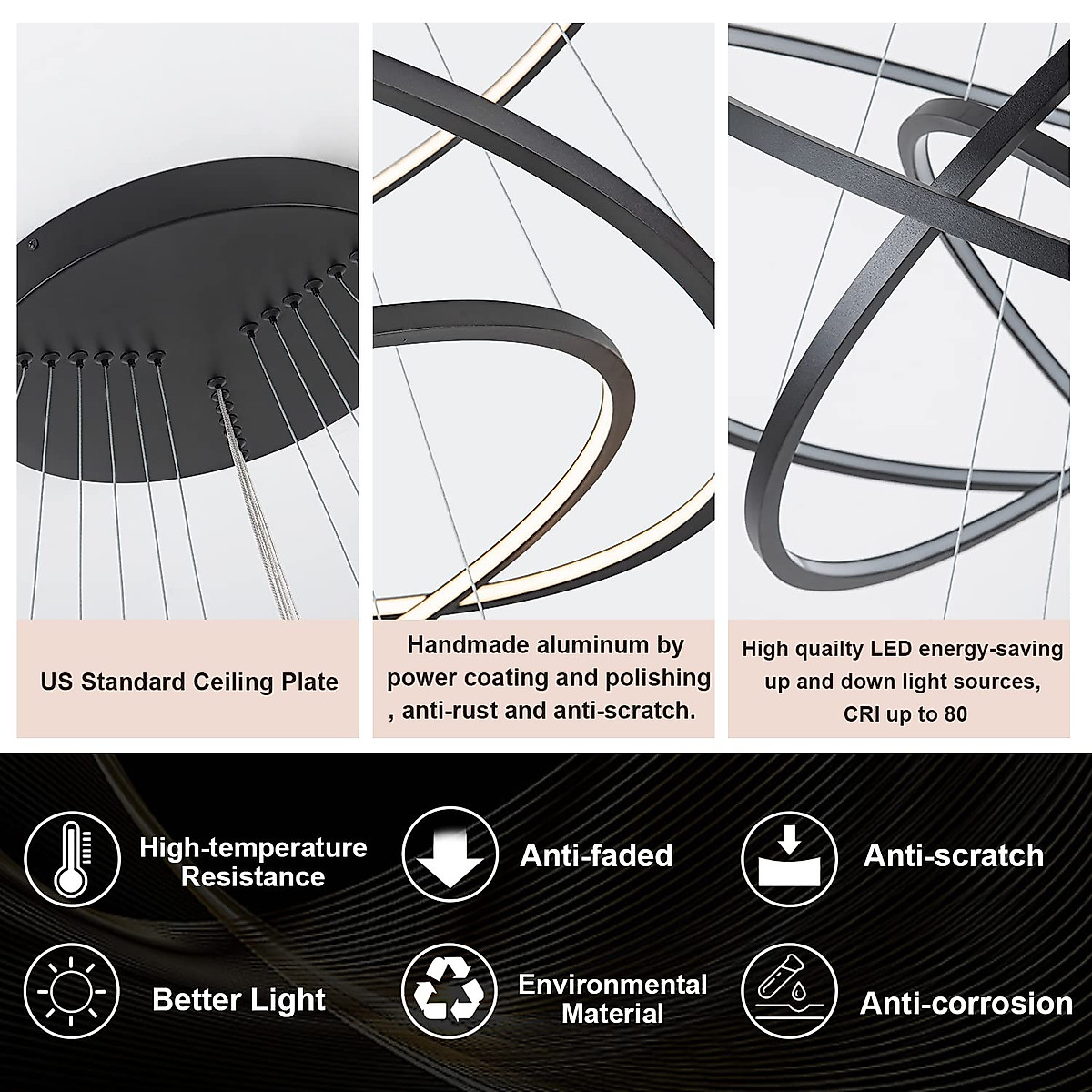 ROYAL PEARL Led Chandeliers Modern 7 Rings Black Chandeliers Large High Ceiling Chandelier Contemporary Foyer Chandelier for Dining Room Living Room Staircase Entryway, 3000K 4000K 6000K