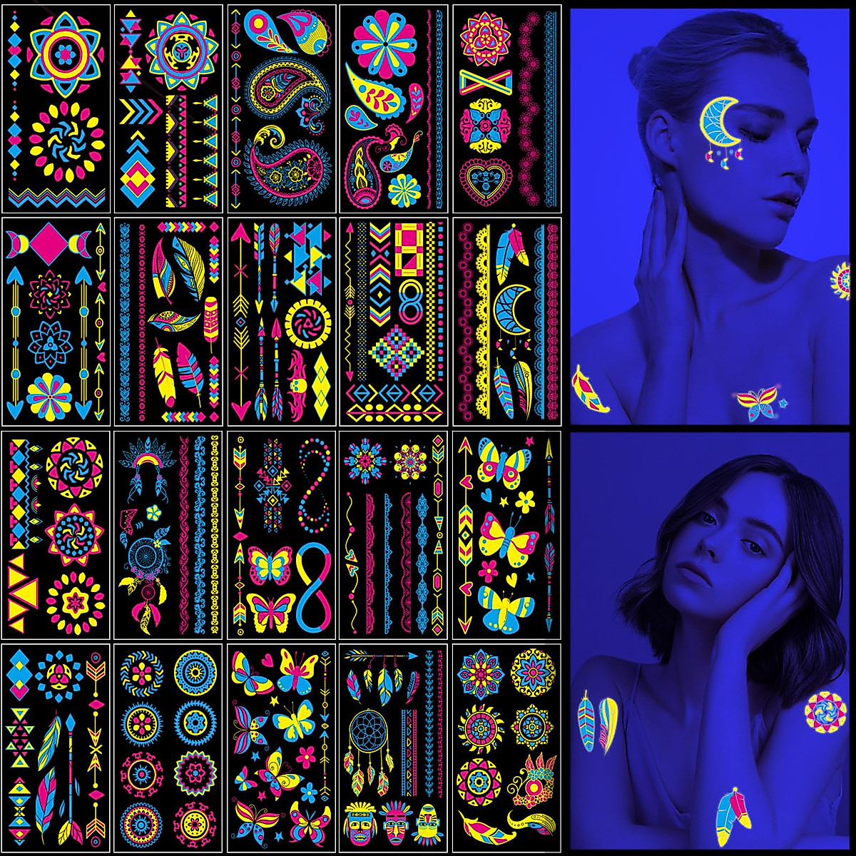 Glow in The Dark Temporary Tattoos 20 Sheets UV Neon Blacklight Tattoos, Body Face Paint Fake Glow Party Supplies Tattoos Stickers for Aldult Women Men Teen Girl