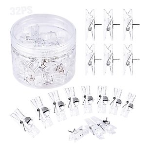 32 Pieces Reusable Push Pin Clips Photo Clips, Mini Transparent Plastic Tacks Thumbtacks Clothespins Decorative Craft Paper Clips for Cork Boards Wall Artworks Notes Photos Craft Accessories, Clear