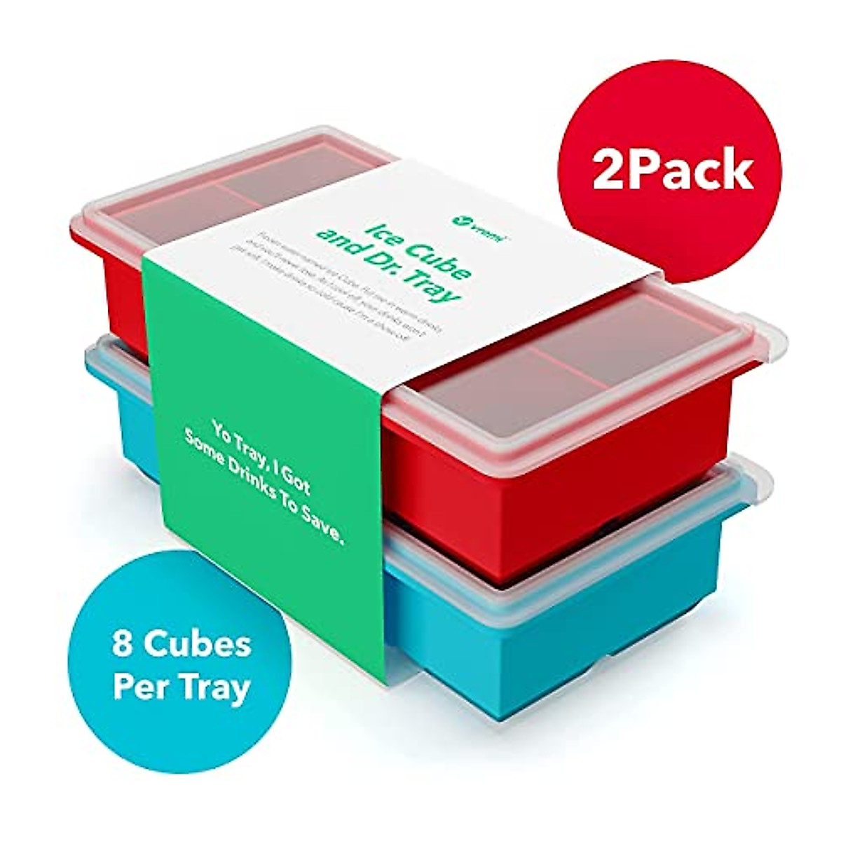 Vremi Stackable Large Ice Cube Trays — Pack of 2 Silicone Trays — 8 Cubes per Tray — Ideal for Cocktails, Frozen Treats, Soups, Sauces,and Baby Food — BPA Free with Frost Resistant Lids — Red and Blue