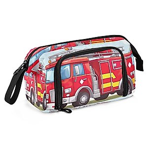 Emelivor Fire Fighting Truck Pencil Case Large Capacity Pencil Pouch Bag with Compartmens Pen Bag Case with Zipper Stationery Bag Pencil Organizer for Office School Teen Girl Boy Adult
